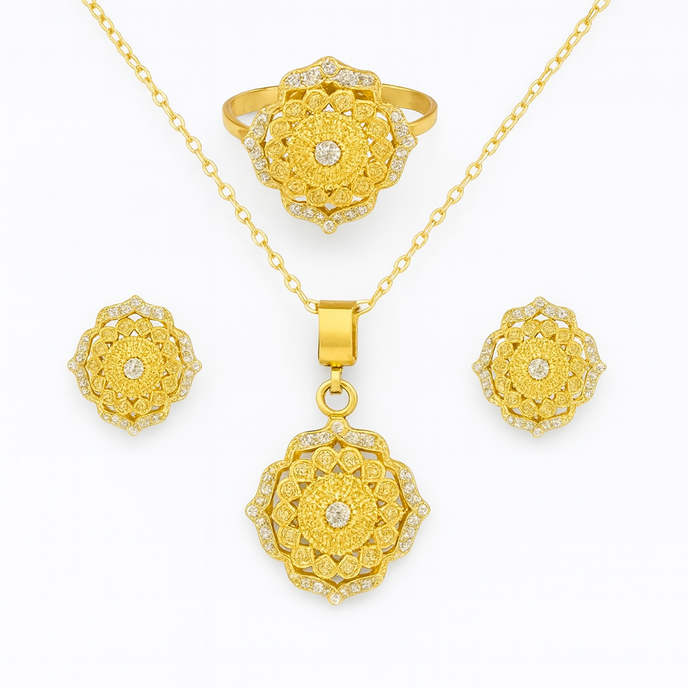 Handcrafted 24K Gold-Plated Floral Jewelry Set – Necklace, Earrings ...